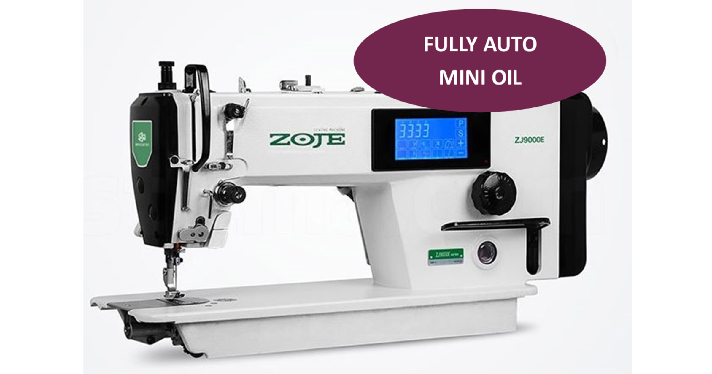 Zoje ZJ9000E-D4S-TP/02 (Mini Oil) automatic lockstitch machine on premium stand & tabletop